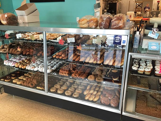 Behold the promised land of pastries! This display case is a museum of edible art, each shelf a gallery of glazed delights. 