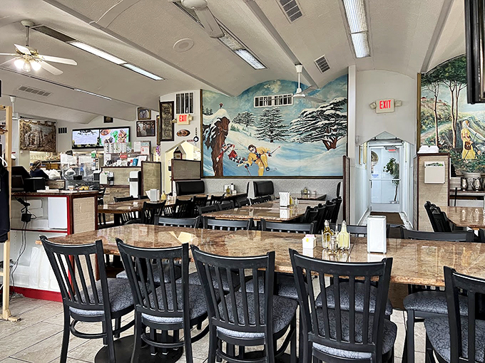 Whimsical winter murals and comfortable seating create an atmosphere that's part Middle Eastern warmth, part Michigan charm.