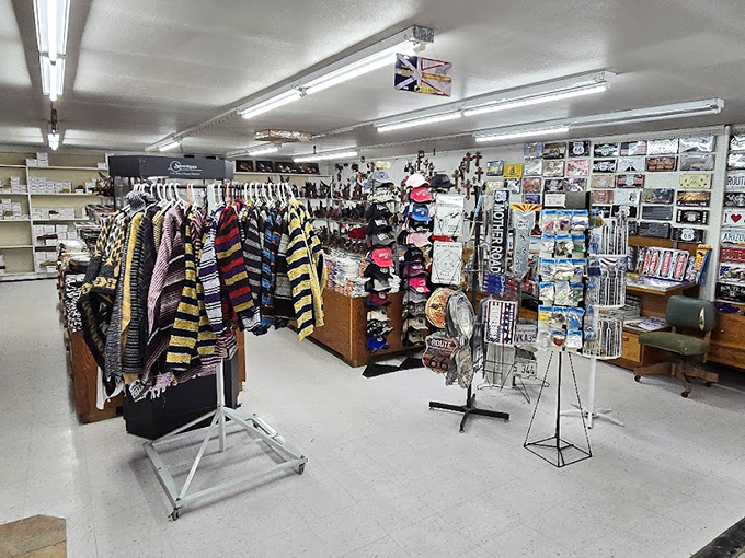 Colorful t-shirts and Route 66 memorabilia line the walls, creating a treasure trove of road trip memories waiting to happen.