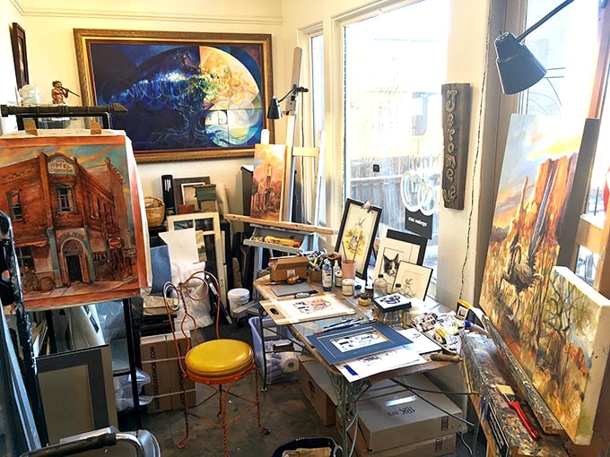 Welcome to the artist's playground! This creative chaos is where Jerome's past and present mingle, like a time-traveler's coffee shop.