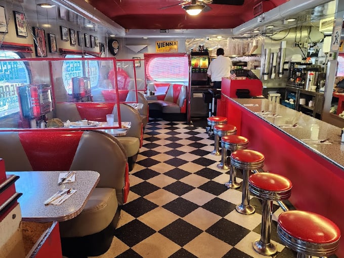 Where black-and-white tiles meet cherry-red vinyl: The classic diner interior feels like stepping into an episode of "Happy Days." Photo credit: Jeremy Rasmussen