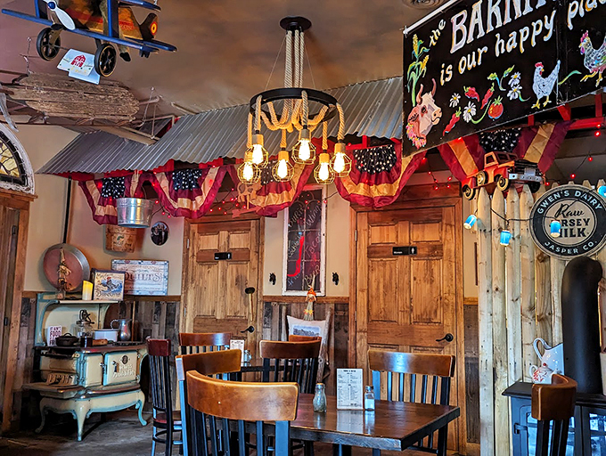 American flags meet vintage farm decor under twinkling lights, creating the kind of cozy atmosphere that makes you want to stay awhile.