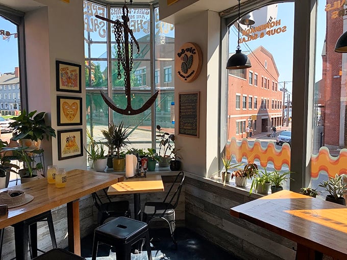 Sunlight streams through large windows onto an anchor-adorned corner, creating the perfect cozy spot for cheese-filled conversations. Photo credit: George Putic