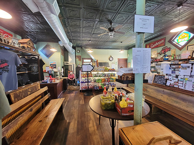 Step into a time capsule of flavor. The Moonshine Store's interior is a delightful mishmash of country charm and organized chaos.