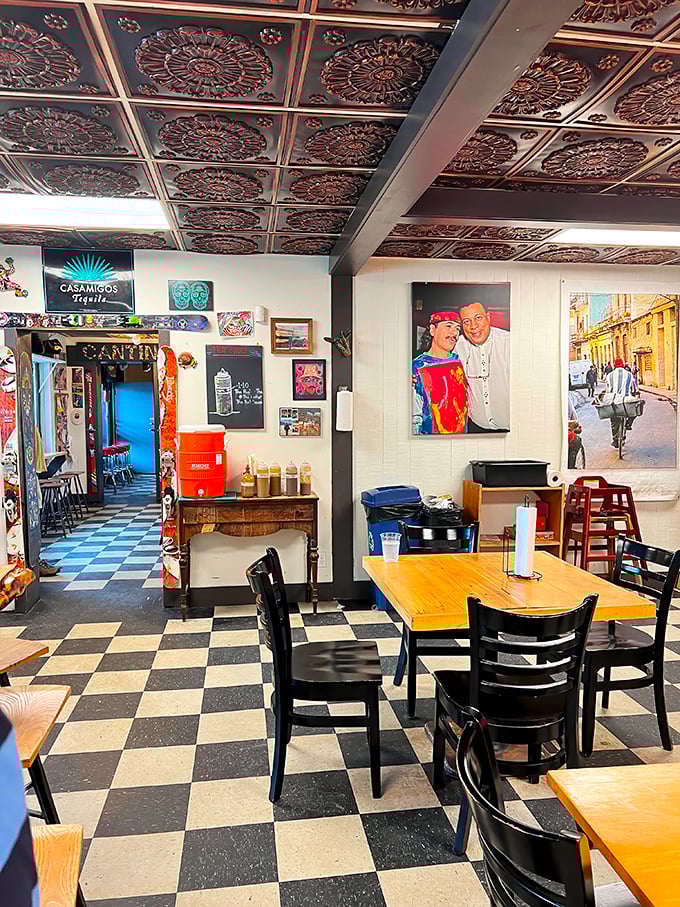 Step into a world where Vermont meets Mexico! The Mad Taco's interior is a fiesta for the eyes, with tin ceilings that'd make a Victorian parlor jealous.