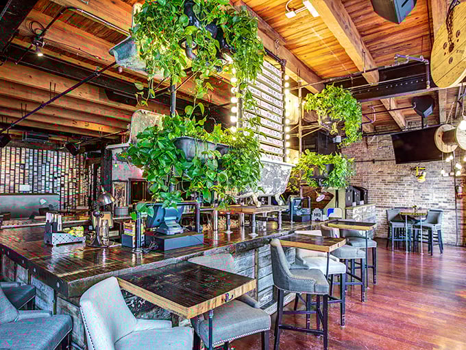 Greenery meets geekery in this rustic-chic paradise. It's like your coolest friend's loft apartment, if that friend was really into Pac-Man and craft beer.