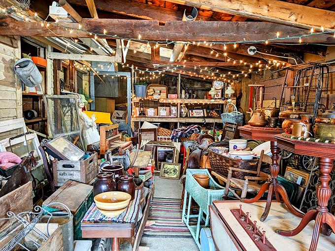 String lights dance across exposed beams, illuminating treasures that would make any antique hunter's heart skip a beat.