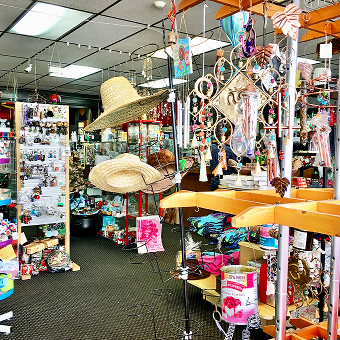 Straw hats and wind chimes create a delightful maze of southwestern charm, like a treasure hunt designed by desert fairies. 