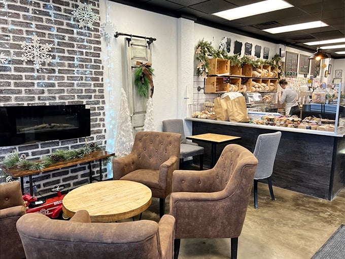 Cozy armchairs, exposed brick, and a fireplace create the kind of warmth that makes you forget about your diet resolutions.