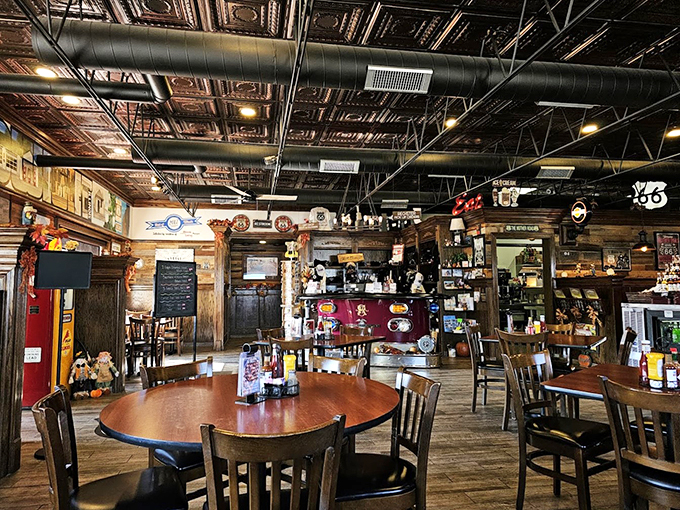 Pressed tin ceilings, warm wood paneling, and Route 66 memorabilia create the perfect backdrop for making road trip memories.