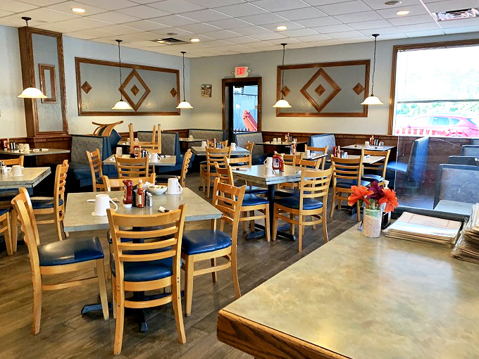 Classic diner geometry meets cozy comfort&mdash;those diamond-shaped wall decorations somehow make perfect sense in this breakfast sanctuary.