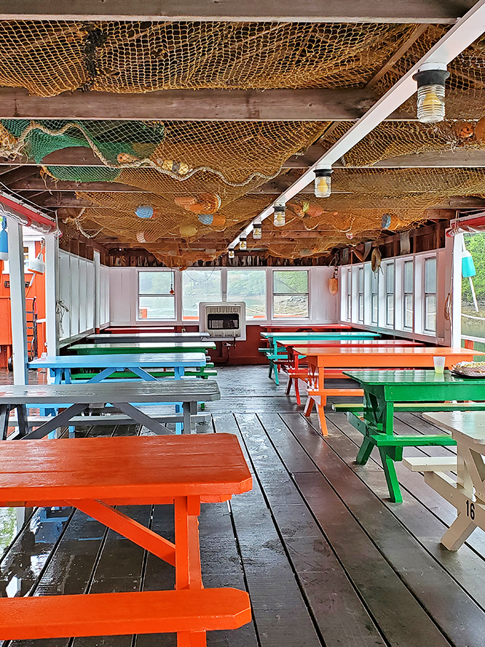 Step inside and you're greeted by a rainbow explosion of picnic tables. It's like Crayola and a fisherman had a beautiful baby.