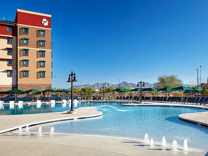 Who needs a mirage when you've got this? The outdoor pool beckons, with mountains playing peekaboo in the background. Photo credit: Great Wolf Lodge Water Park | Arizona