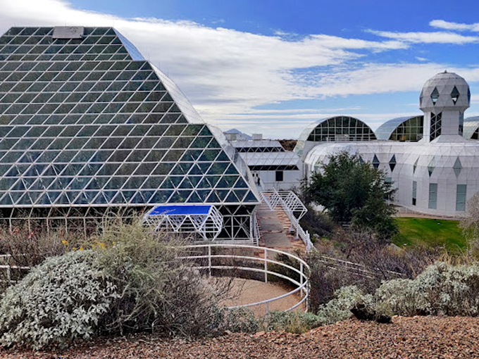 The striking contrast between desert wilderness and futuristic architecture makes you wonder if you've stumbled onto a secret NASA facility.