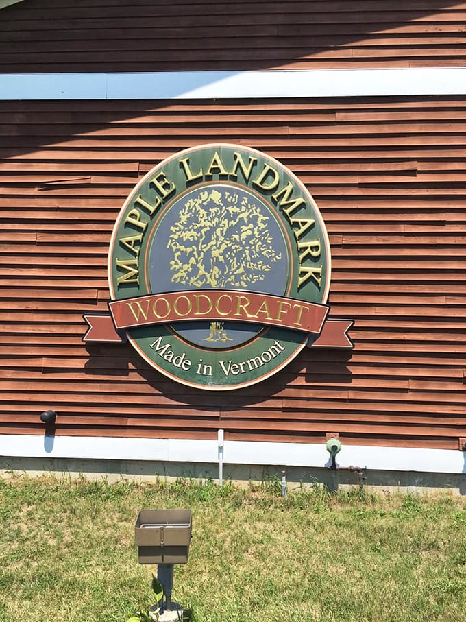 The Maple Landmark logo proudly announces Vermont craftsmanship against rustic wooden siding, promising handmade treasures within.
