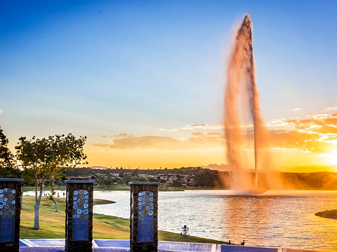 Nature's light show meets man-made spectacle as the fountain dances against a painted Arizona sky at golden hour.