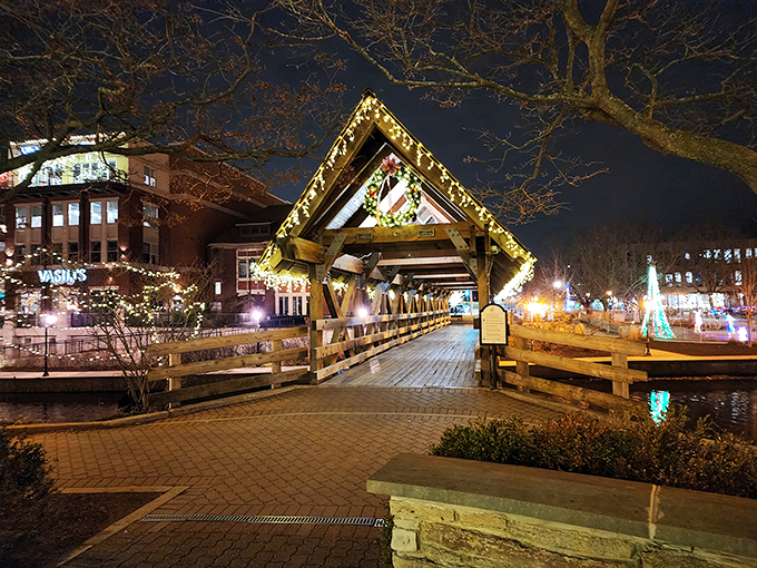 Bridge over sparkling waters! This illuminated walkway isn't just a path; it's a portal to holiday enchantment. Crossing it feels like stepping into your favorite Christmas movie.