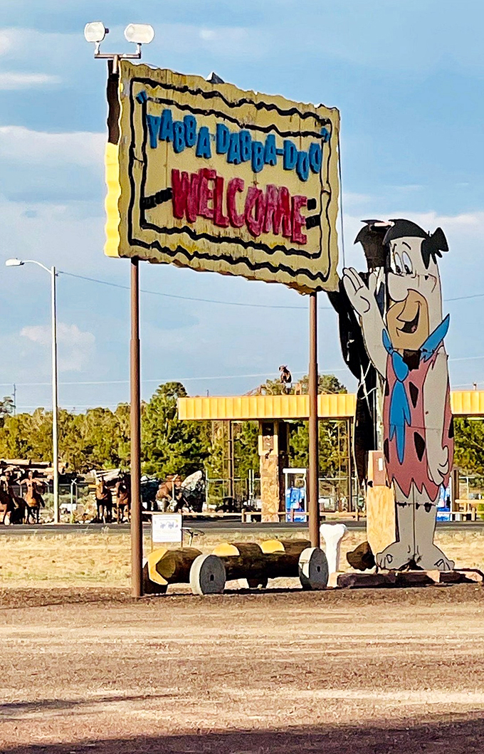 Fred Flintstone himself welcomes visitors with that classic "Yabba-Dabba-Doo" enthusiasm we all know and love.