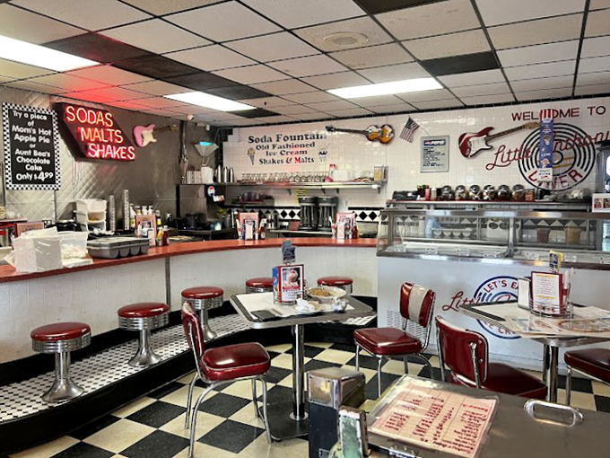 Chrome stools and Formica countertops transport you straight to 1955, where malts and memories flow freely at the soda fountain.