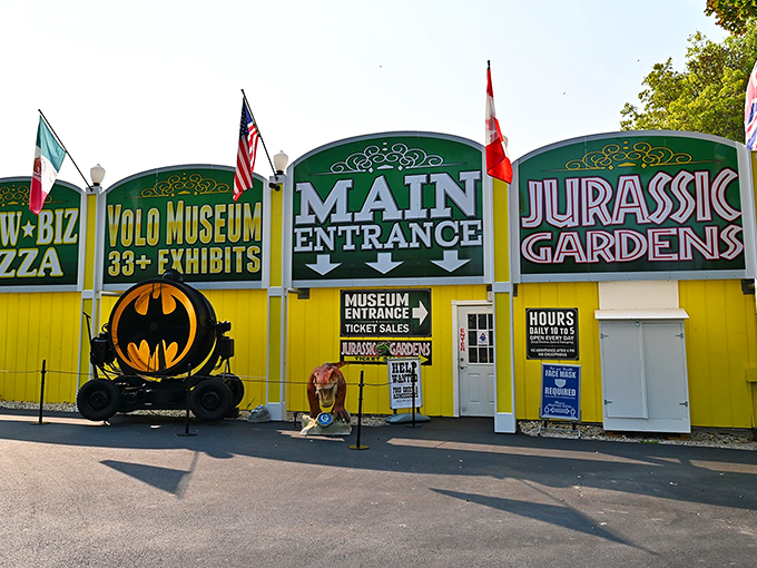 Holy automotive wonderland, Batman! This entrance is like Willy Wonka's Chocolate Factory for car enthusiasts &ndash; complete with its own Jurassic twist.
