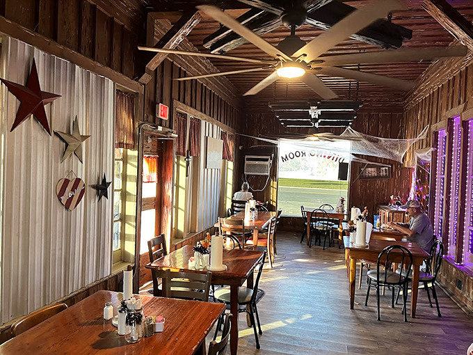 Step into a time capsule of comfort! With its rustic charm and twinkling lights, this dining room feels like a warm hug from your favorite aunt.