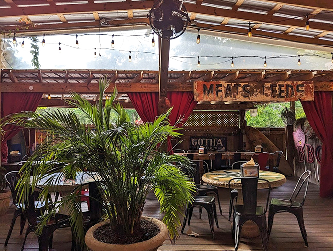 Step into a BBQ wonderland where string lights and palm fronds set the stage for meaty magic.