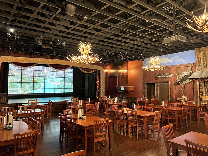 Step inside and you're transported to the Wild West – if the Wild West had mood lighting and seriously comfortable chairs. Antler chandeliers? Check. Panoramic views? Double check.