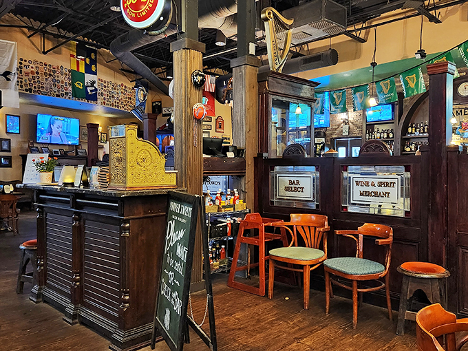 Step inside and you're transported across the Atlantic. Dark wood, Irish memorabilia, and a golden harp create an atmosphere that's pure Dublin-meets-Disney. Photo credit: Dawn Russell