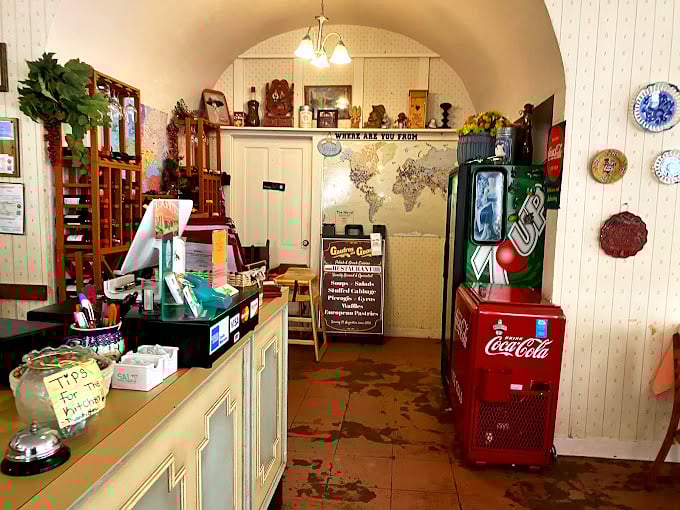 Welcome to flavor town! This cozy interior is like your grandma's kitchen&mdash;if grandma was a master of Eastern European cuisine and had a thing for world maps. Photo credit: Nicole P