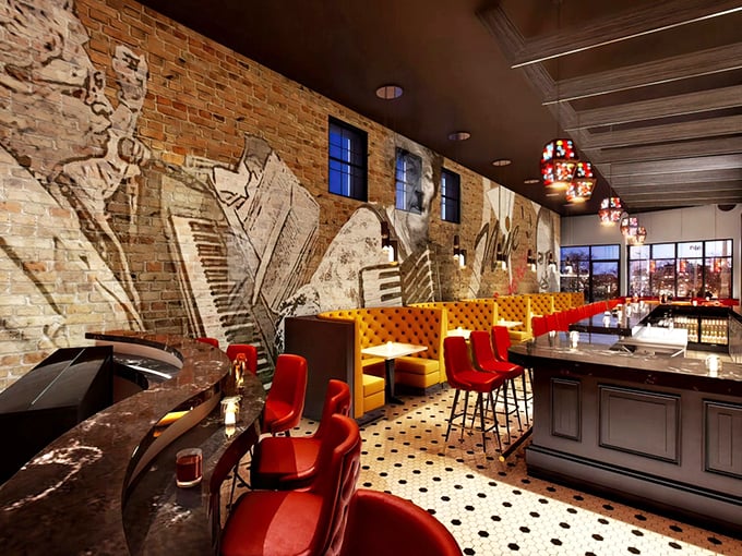 Accordion dreams come alive! The interior of Nye's is a visual feast of exposed brick, musical murals, and cozy booths that'll make you want to stay for "just one more" pierogi.