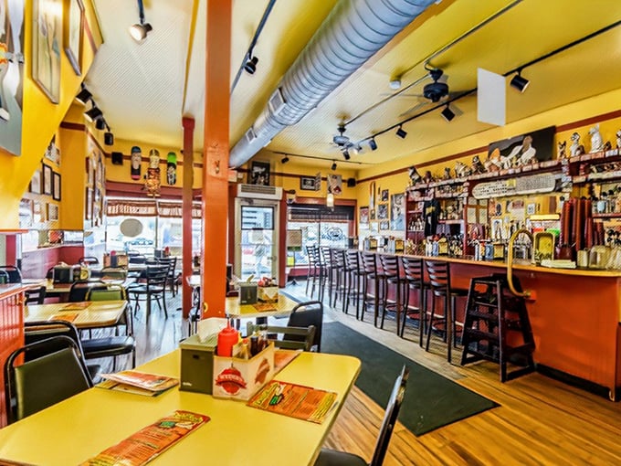 Step into a pop art paradise where hot dogs are the stars. This interior is like Andy Warhol and a diner had a deliciously quirky love child.