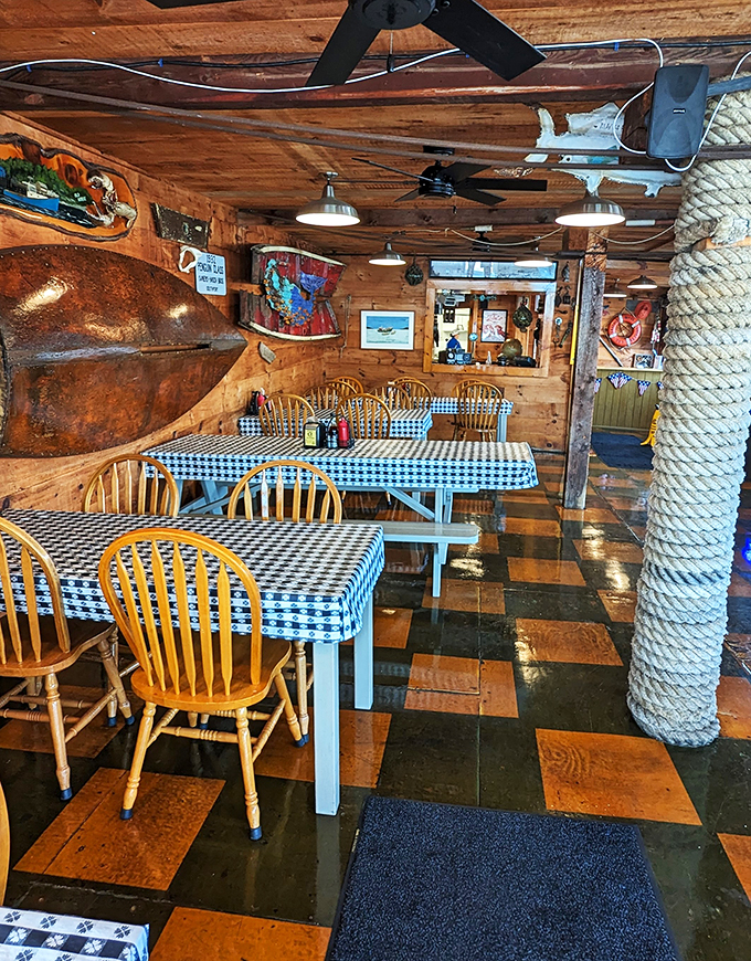 Step inside and you're transported to a fisherman's fever dream. Checkered tablecloths, nautical knick-knacks, and enough wood to build an ark &ndash; it's like Hemingway's man cave went seaside chic.