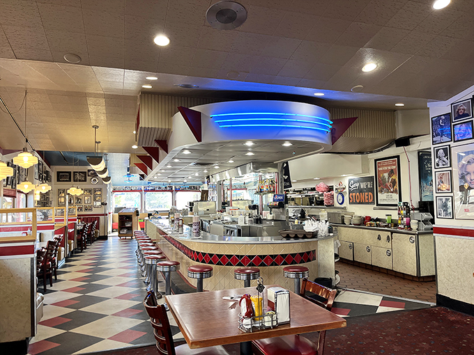 Step inside and travel back in time! This diner's interior is a chrome-plated, neon-lit homage to the days when Elvis was king and milkshakes were a food group.