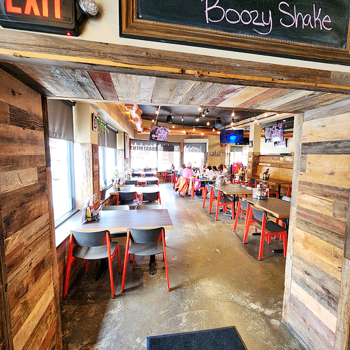 Step into burger paradise! With rustic wood, string lights, and that chalkboard promise of 