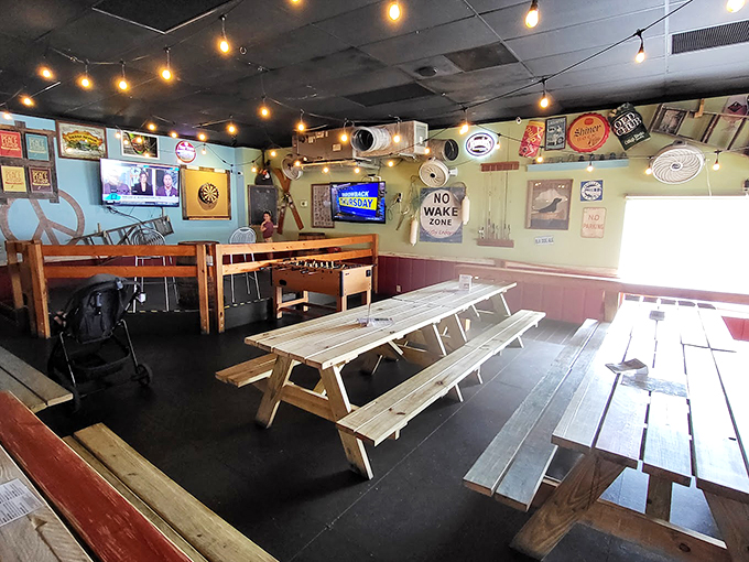 Step into a world where 'No Wake Zone' signs meet dart boards. It's like your favorite pub went on vacation and came back worldly.