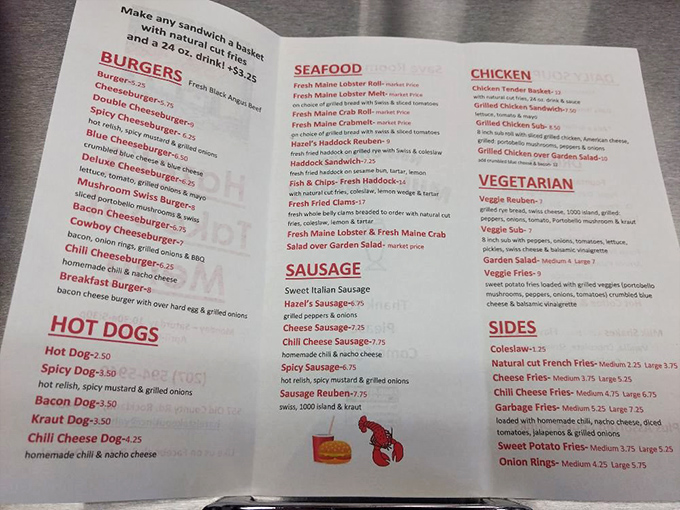 This menu reads like a love letter to comfort food, offering everything from classic Reubens to fresh seafood, proving that sometimes the best decisions are the hardest ones.