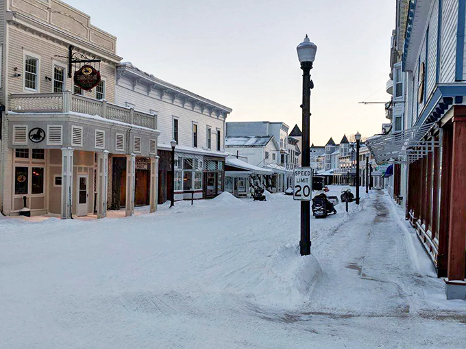 No traffic jams here! Just a peaceful stroll down memory lane, with a side of frosty charm.