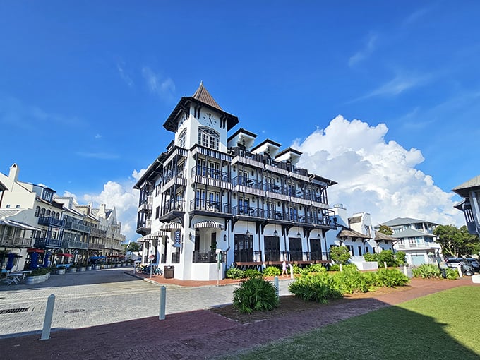 This grand Victorian-style building stands like a proud lighthouse keeper, watching over Rosemary Beach's charming downtown streets.