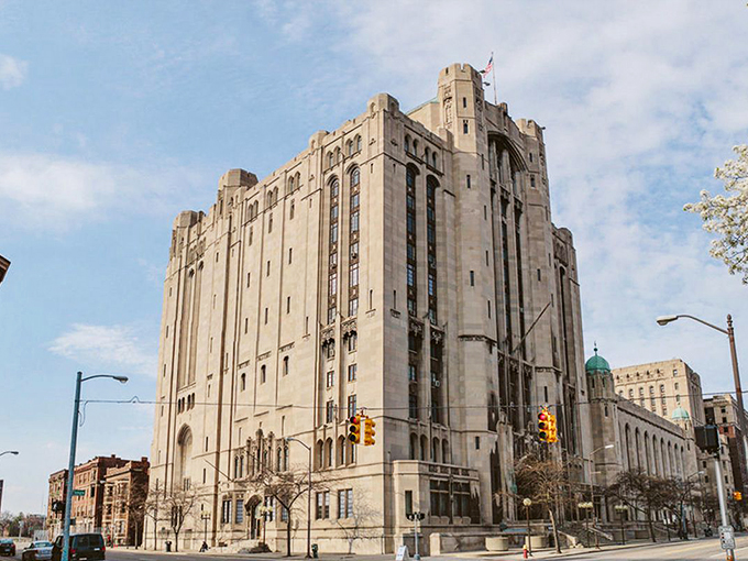 Detroit's Masonic Temple: A stone giant with more secrets than a spy novel. Its towering presence whispers tales of mystery and grandeur. Photo credit: Curbed Detroit