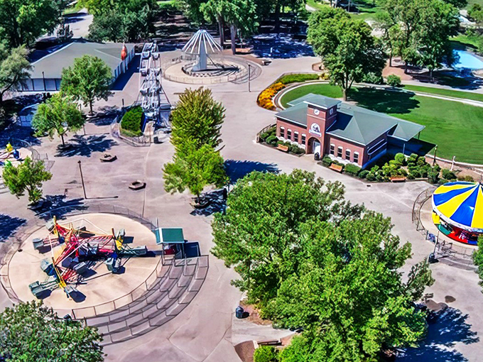 A classic carnival atmosphere meets modern thrills in this aerial view, where family memories are made one ride at a time.