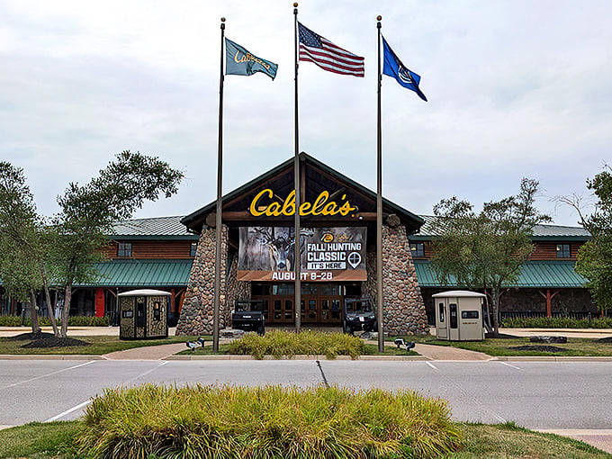 The great outdoors, now indoors! Cabela's stone-and-timber exterior hints at the wilderness wonders waiting inside.