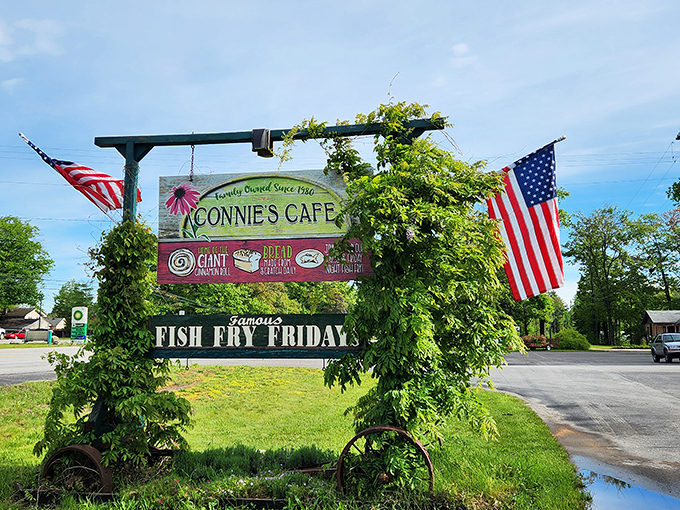 Stars, stripes, and everything nice! Connie's Cafe's sign is a patriotic beacon for hungry travelers and locals alike.