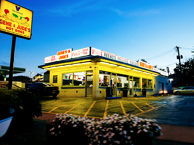 No frills, all thrills! Gene & Jude's keeps it simple with a symphony of snap, crunch, and savor. It's like a hot dog haiku &ndash; perfection in minimalism.