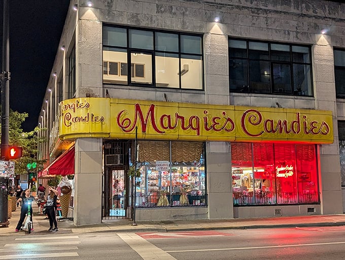 Welcome to the land that time and dentists forgot! Margie's neon sign beckons like a lighthouse for sweet-toothed sailors.
