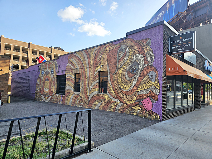 Holy hot dogs, Batman! The Bulldog's exterior hints at the gourmet wiener wonderland waiting inside. No cape is required for entry. Photo credit: Donald Lee