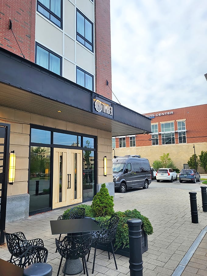 Timber's sleek facade: Don't let the modern look fool you. Inside, it's a carnivore's dream come true!