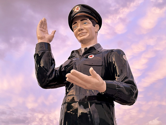"Fill 'er up!" This towering Texaco man in Atlanta is pumped to greet visitors. Talk about service with a smile &ndash; and a salute!