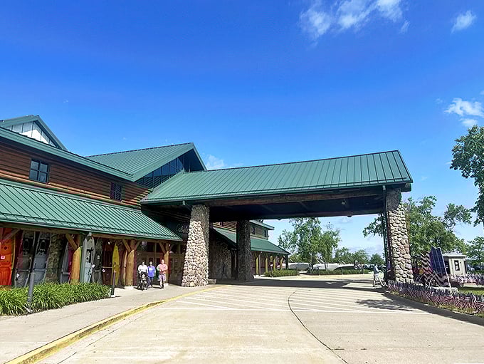 Where flannel meets fancy! Cabela's grand entrance is like a portal to an outdoorsy paradise, minus the mosquitoes.
