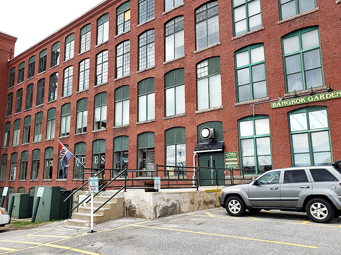 Industrial chic meets antiquing mystique. Cabot Mill's grand facade hints at the historical wonders within.