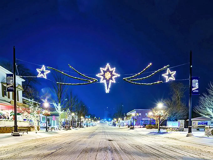 Silent night? Not in Frankenmuth, where starlit streets and festive decorations keep the holiday spirit alive year-round.